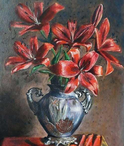 Картина маслом "Лилии в вазе"