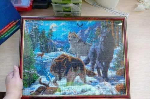 Картина алмазная мозаика Волки на охоте, в рамке п