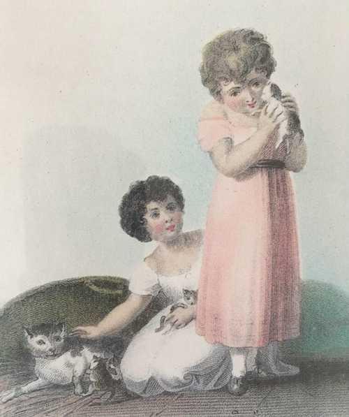 Картина гравюра дети котята антиквариат пара