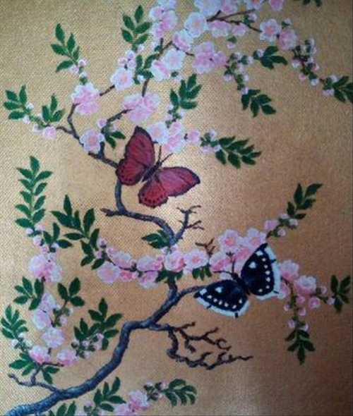 Картина маслом на двп "Бабочки и Сакура"
