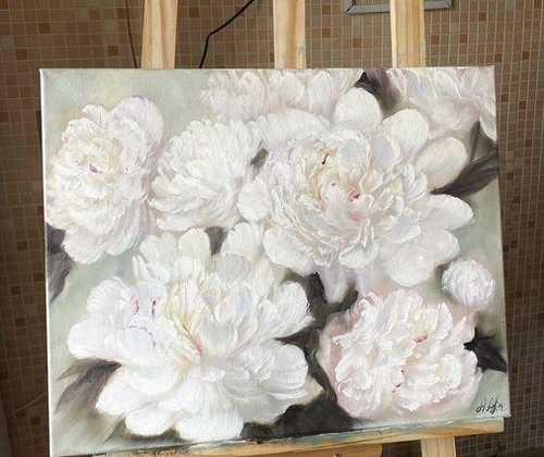 Картина маслом на холсте «Белые цветы пионы»