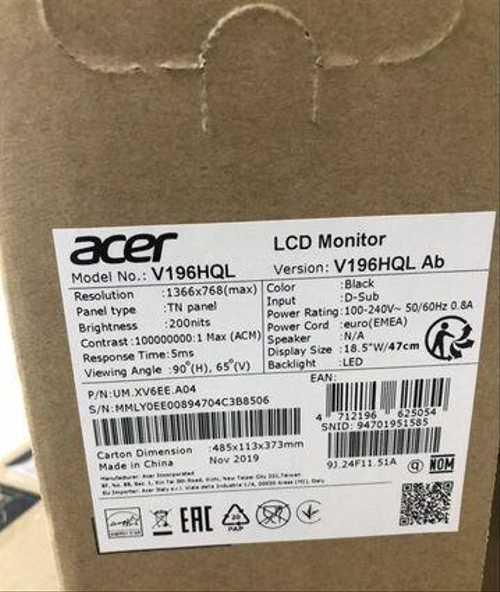 Монитор Acer v196 hql новый