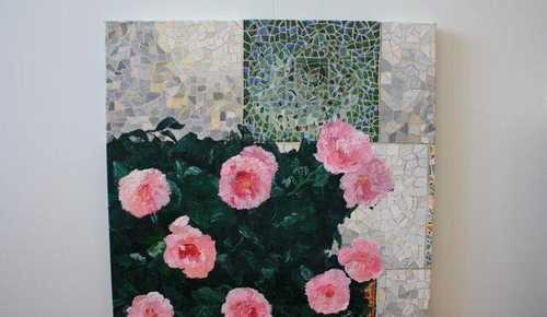 Картина маслом "Цветы на мозаике"