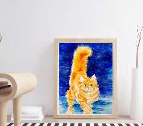 Картина. Рыжий кот на синем фоне. А4. Акварель