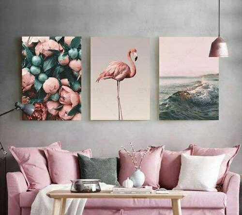 Картина маслом на холсте розовый фламинго