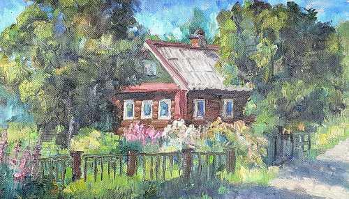 Картина масло деревенский летний пейзаж с домиком