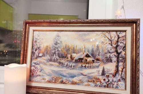 Картина Зима вышивка крестиком в рамке ручная рабо