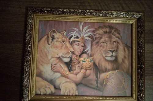 Картина девушка и львы 25x20см, печать, с рамкой