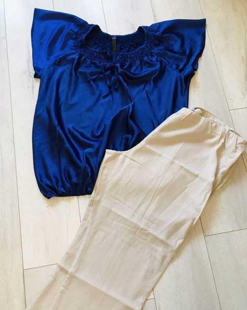 Яркий синий топ и укорочённые льняные брюки