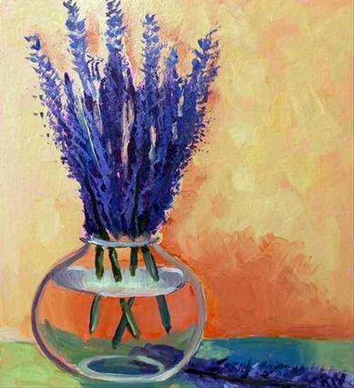 Картина с лавандой маслом цветы в вазе натюрморт