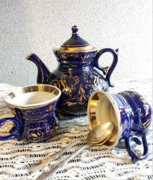 Кобальт, старая Гжель : чайник Султан, чашки