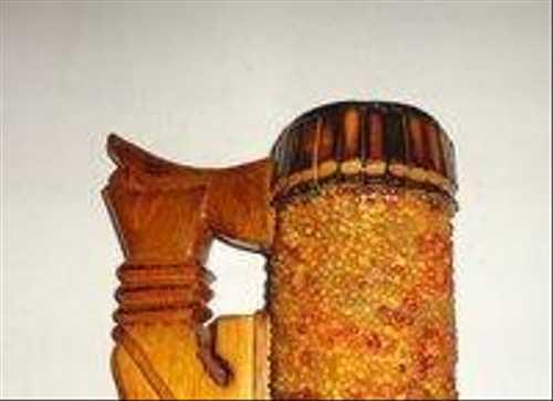 Кружка коллекционная деревянная, отделана янтарем