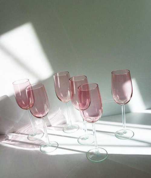 Винтажные бокалы тонкое розовое стекло, 6 шт