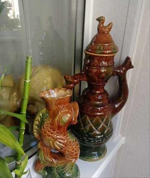 Кувшин с крышкой и ваза рыба скопинская керамика