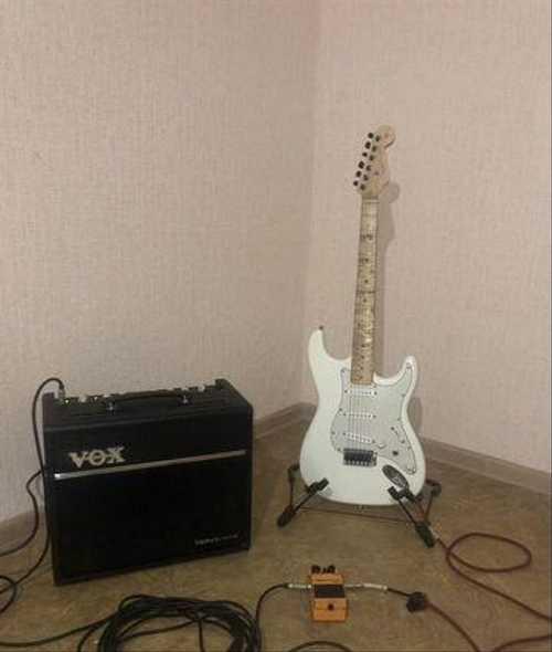Fender stratocaster. Boss DS-1, комбик Vox