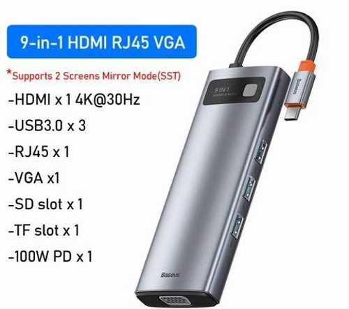 Хаб Baseus 9-in-1 USB VGA LAN hdmi SD PD