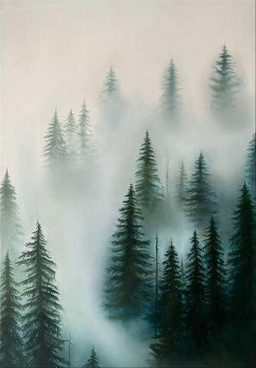 Картины маслом с лесом. Туман, горный пейзаж