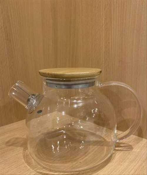 Чайник заварочный стеклянный с бамбуковой крышкой