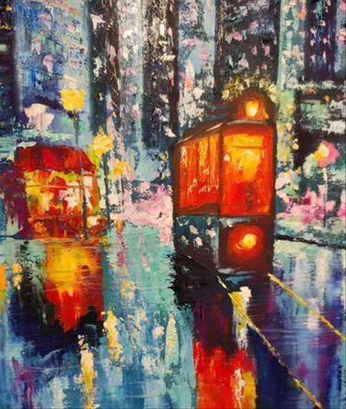 Картина маслом "Ночной трамвайчик"