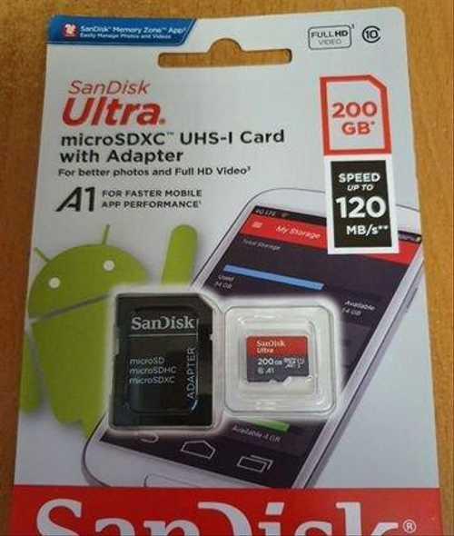 Новая USA SanDisk 200GB Ultra microsdxc uhsi 120Mb