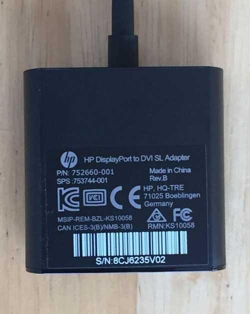 Переходник HP c displayport на DVI на кабеле