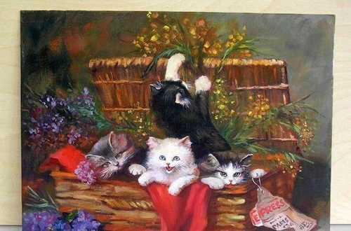Картина маслом "Корзина с котятами"