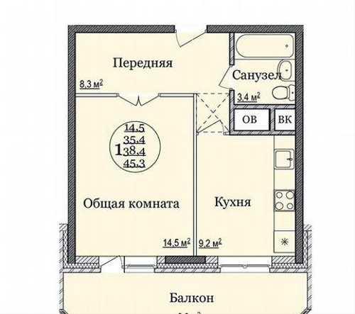 1-к квартира, 45 м², 13/16 эт.