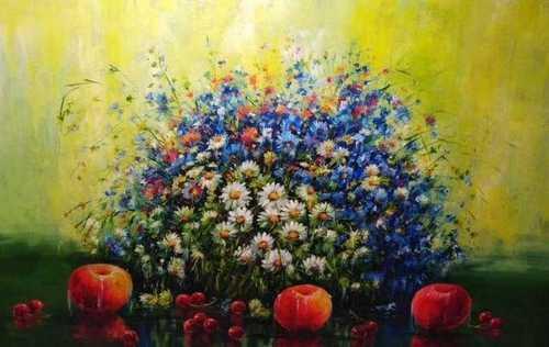 Картина "Натюрморт с полевыми цветами и фруктами"