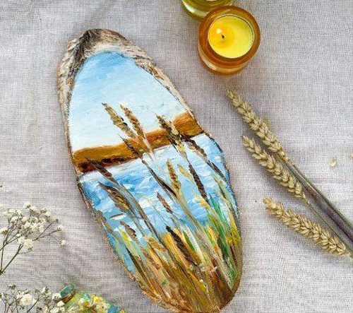 Картина миниатюра маслом на срезе дерева «Колоски»