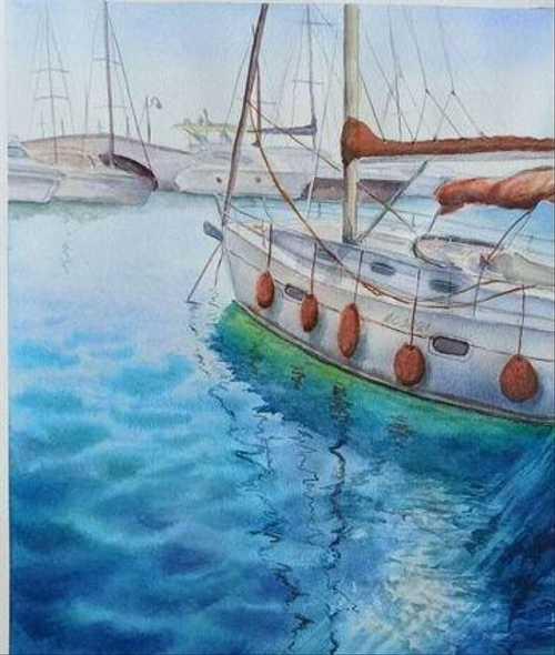 Картина акварелью "Яхта в порту"