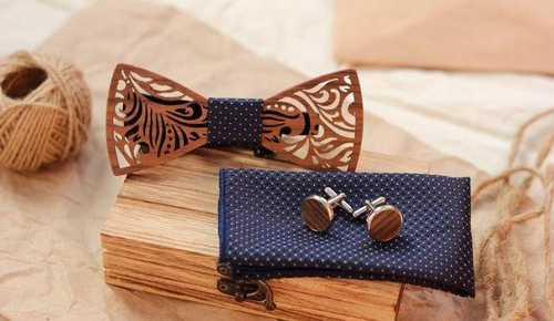 Деревянная галстук-бабочка, запонки,платок