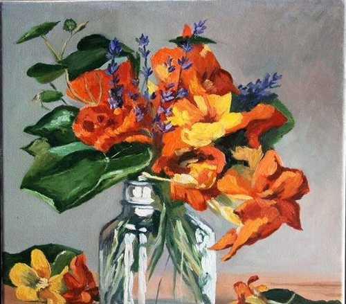 Картина цветы маслом 30х30 "Настурции"
