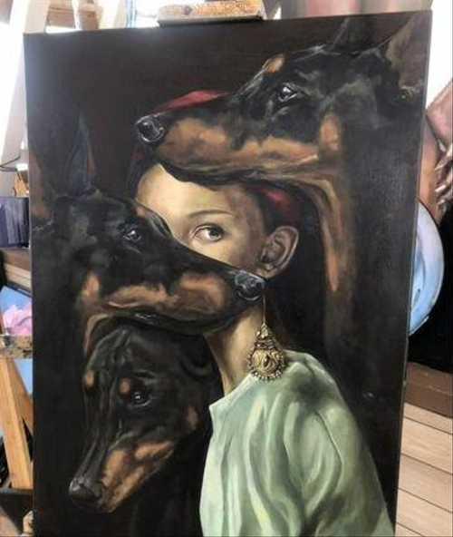 Картина маслом на холсте «Дама с доберманами»