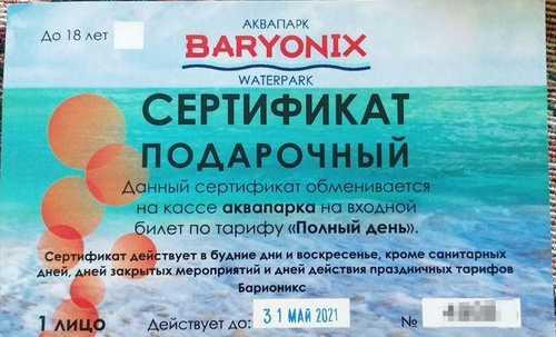 Сертификат в аквапарк Baryonix