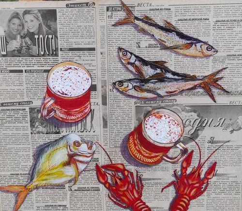 Картина на газете Натюрморт с пивом раками и рыбой