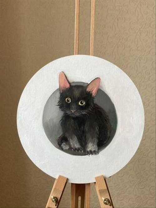 Картина маслом круглая 30см Чёрный кот