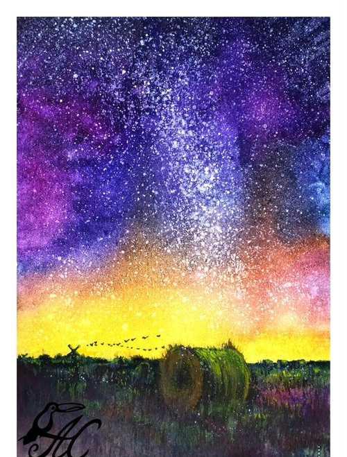 Картина Акварель Закат. Звездное небо 20,5х28