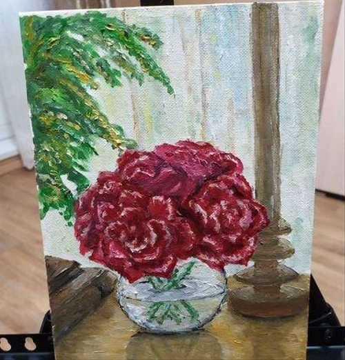 Картина маслом Розы в вазе