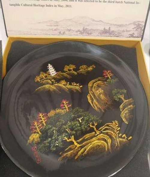Тарелка декоративная, дерево, китайская роспись