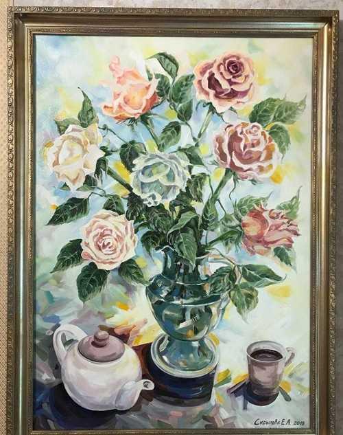 Картина маслом "Розы белые"