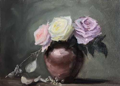 Картина маслом «Розы в медной вазе»