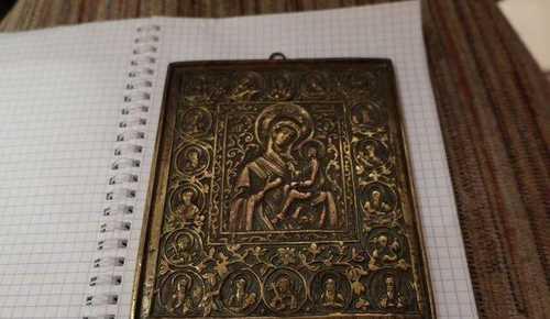 Старинная латунная икона Богородица Тихвинская