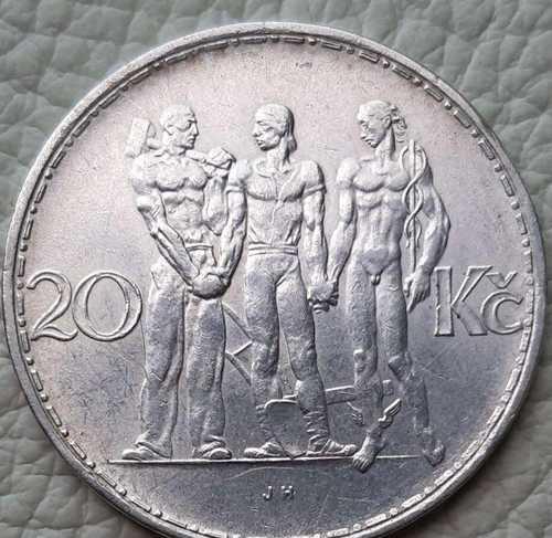 Монета 20 крон 1934 год, Чехословакия. серебро
