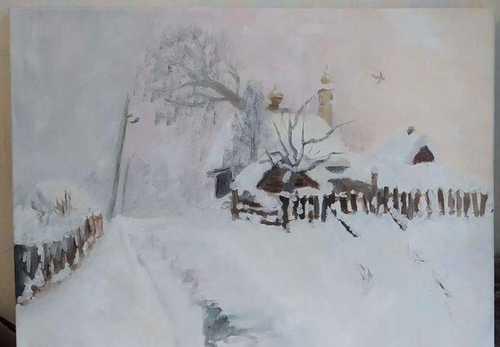 Картина маслом на холсте русская деревня зимой