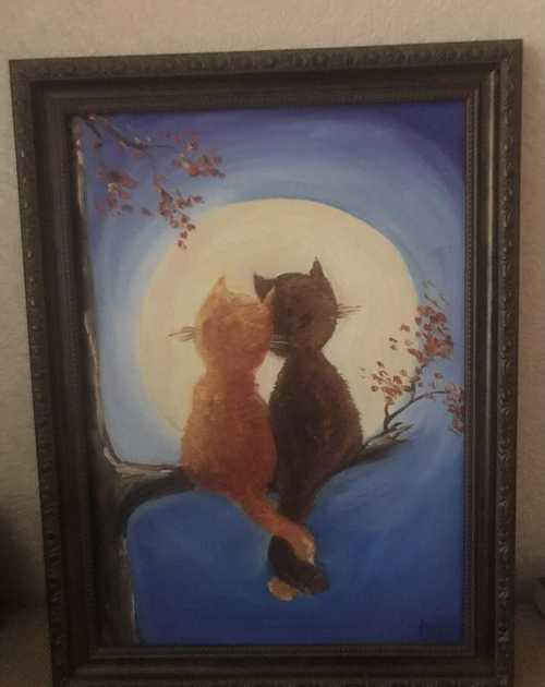 Картина маслом Котики под луной