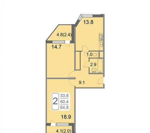 2-к квартира, 64.8 м², 3/24 эт.