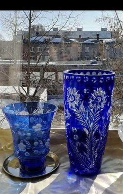 Хрустальная и стеклянная вазы, кобальт