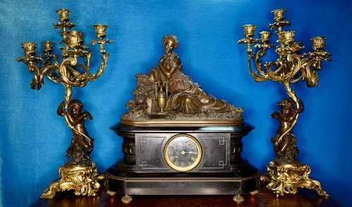 Большие старинные часы 18-19 века, мрамор бронза