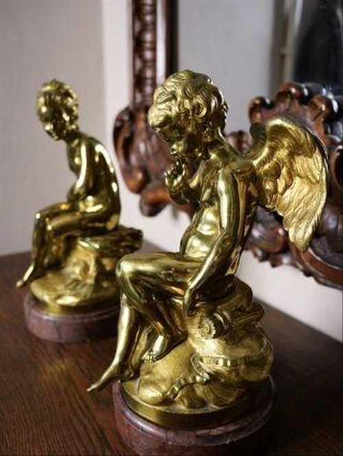 Старинная пара бронзовых скульптур XIX века, золоч