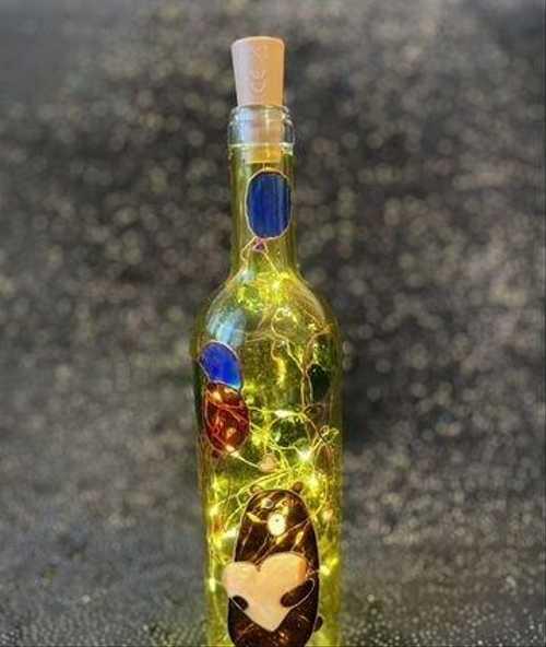 Декорированная бутылка "Мишка с сердцем,светильник